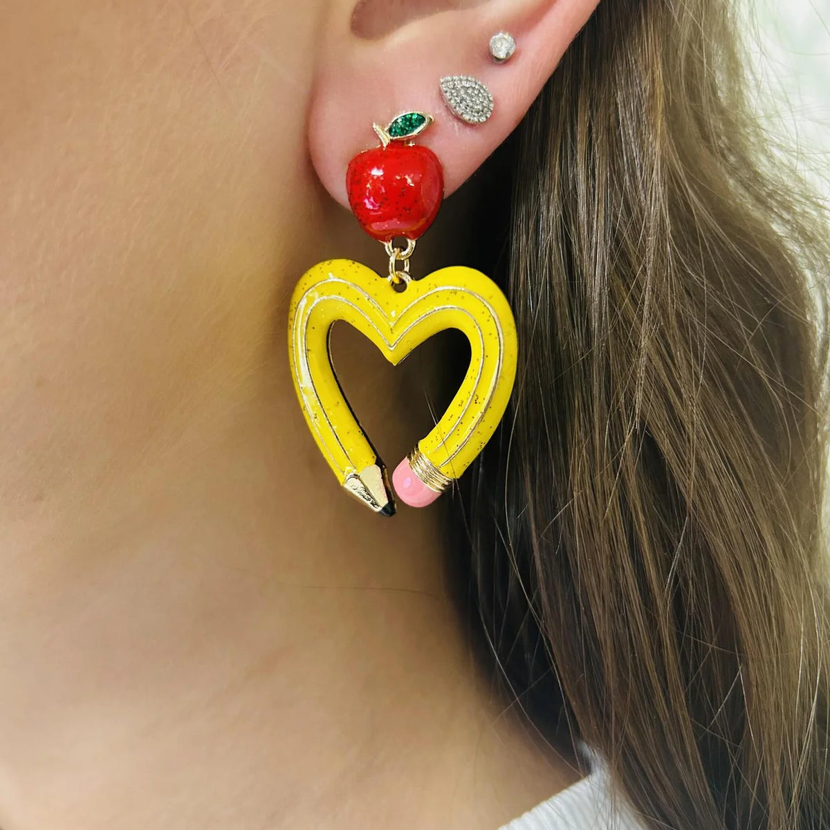 Heart Pencil Enamel Earrings with Red Apple Stud In Bright Yellow Or H ...